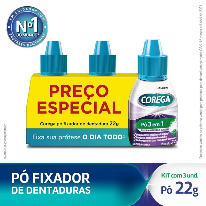 Kit Corega Pó 3 Em 1 Sabor Menta, Fixador De Dentadura Com Forte ...